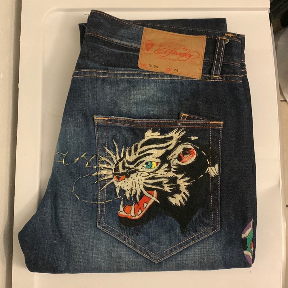 Ed Hardy Vintage Embroidered Panther And Snake Jeans - Gem